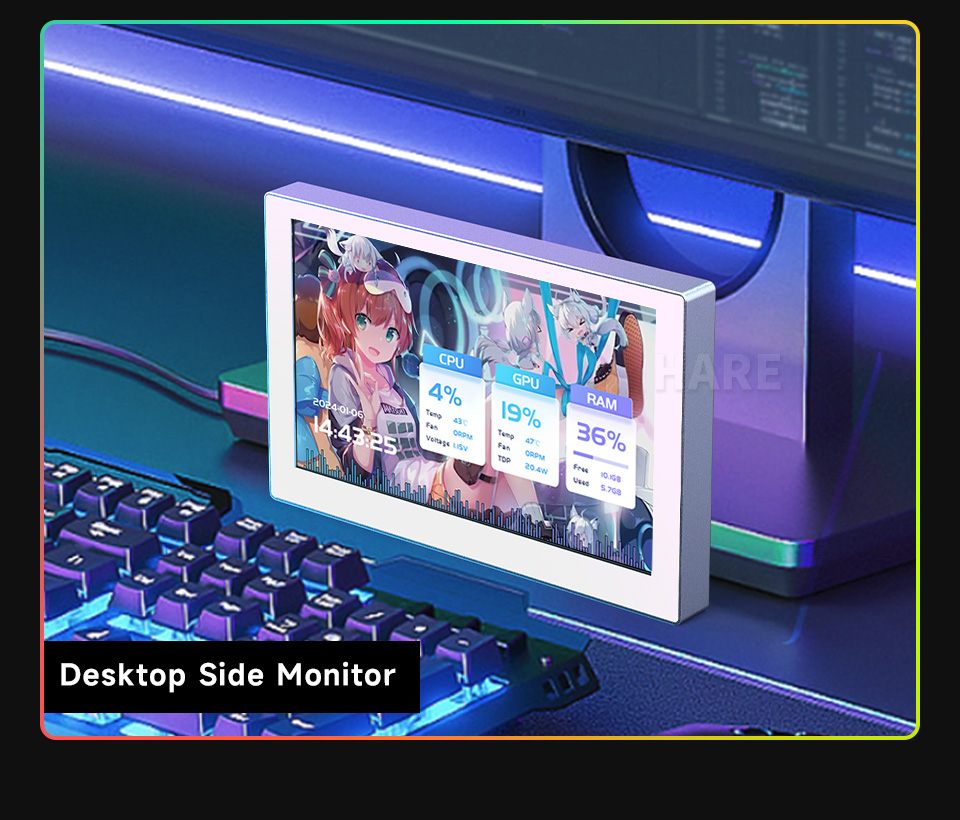 WAVE-26070 5 Inch Silver USB Monitor, AIO LCD Screen, PC Case Secondary ...