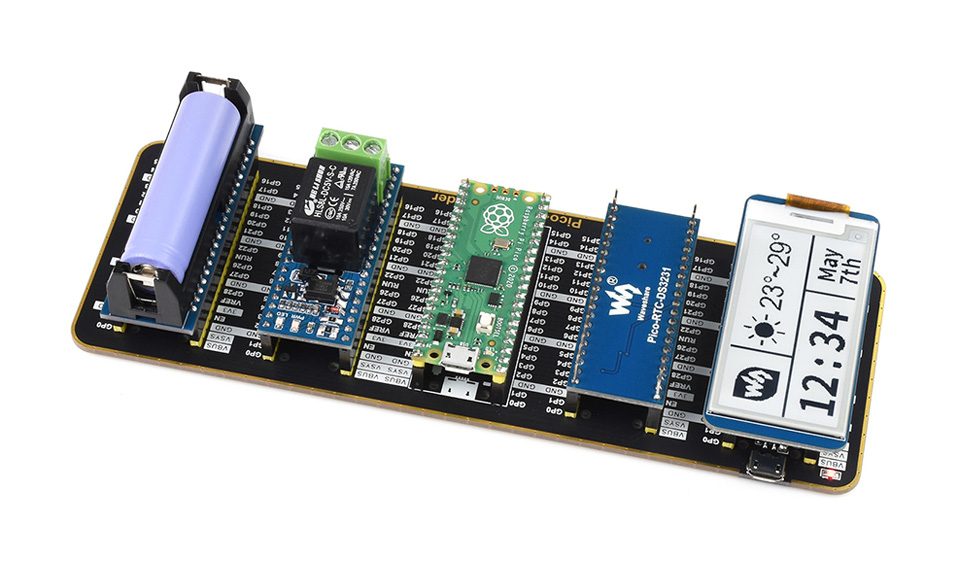 WAVE-19361 Quad GPIO Expander for Raspberry Pi Pico, Four Sets of Male Headers, USB Power Connector